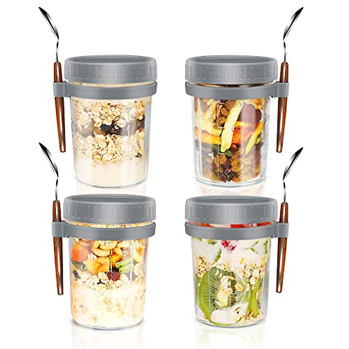 Bupto 4 Pack Overnight Oats Containers with Lids and Spoons, 16 oz Airtight Overnight Oats Jars with Measurement Marks Salad Jars for Cereal Milk Yogurt Vegetable Fruit On the Go Container (4 grey)