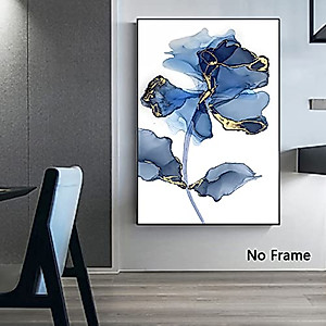 Abstract Grey White Navy Blue Large Wall Painting Canvas Wall Art Blue Marble Picture for Bedroom Wall Decor Modern Abstract Picture Canvas Artwork White and Blue Flower Art 16x24inchx3pcs No Frame