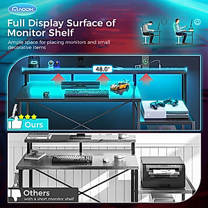 AODK Computer Desk, 48 Inch Gaming Desk with Led Lights & Power Outlet, Office Desk with Printer Storage Shelves, Reversible Desk with Monitor Shelf & Headphone Hook, Carbon Fiber Black