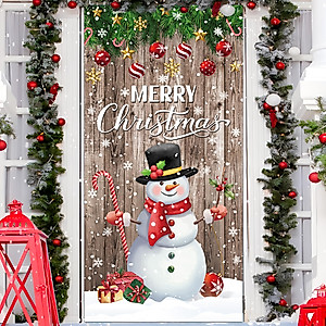 Christmas Front Door Cover Snowman Door Cover Banner Merry Christmas Door Hanging Backdrop Decorations for Home Indoor Outdoor Winter Holiday Party Decor, 70.9 x 35.4 Inch