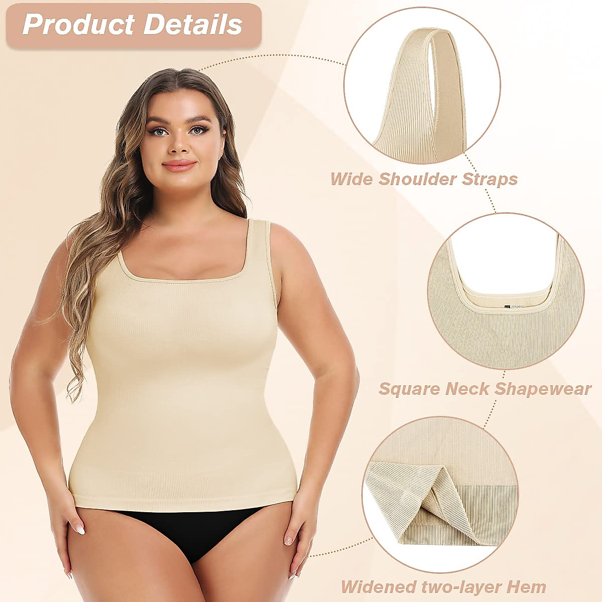 TDIFFUN Women's 3 Piece Shapewear Tank Tops Tummy Control Seamless Ribbed Square Neck Compression Body Shaper Top - Black White Nude M/L