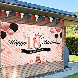Luxiocio Happy 18th Birthday Banner Decorations for Girls, Rose Gold 18th Birthday Backdrop Supplies, 18 Year Old Birthday Party Poster Background for Indoor Outdoor