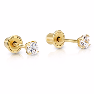14kt Yellow Gold Tiny Cubic Zirconia Small CZ Solitaire Stud Earrings with Screwback (2.5mm)