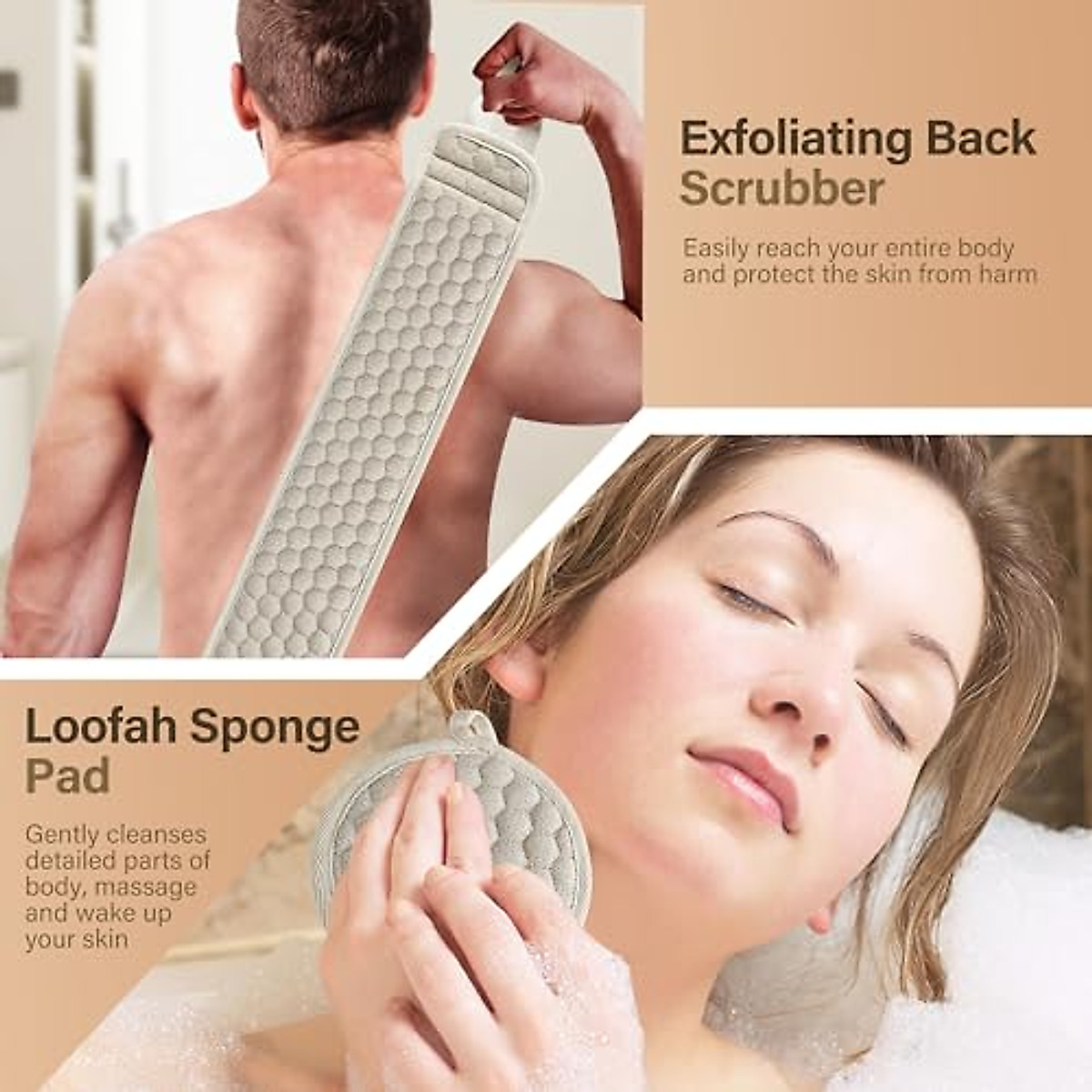 Suntee Exfoliating Back Scrubber & Exfoliating Sponge Pad Set for Shower, Bath Shower Scrubber for Men and Women, Luffa Scrubber to Deep Clean Relax Your Body (36.5'' Length 4.5'' Width)
