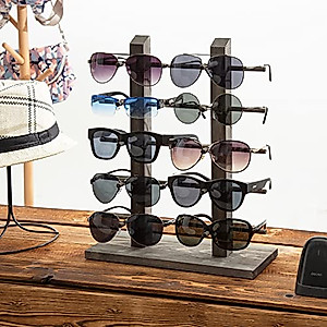 MyGift Sunglasses Display Stand, Vintage Gray Wood Tabletop Eyeglass Storage Rack, Holds up to 10 Pairs of Eyewear