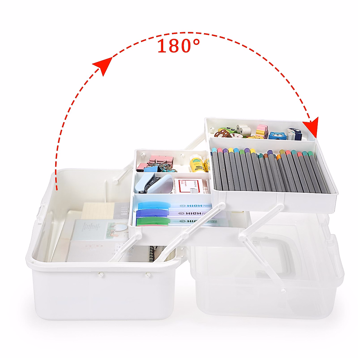 BTSKY 3-Layer Plastic Dividing Storage Box Craft Organizer and Storage with Adjustable Spacers Portable Handled Art Supply Organizer Multipurpose Home Utility Box for Medicine Box Sewing Box Organizer (Beige White)