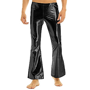 Hedmy Men's Shiny Faux Leather Disco Trousers Bell Bottoms Flared Long Pants Motorcycle Leggings Black Large