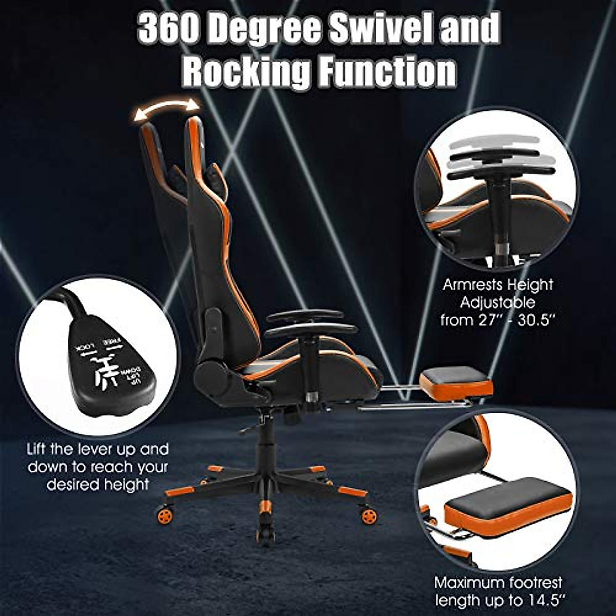 POWERSTONE Gaming Chair, Orange Gaming Chairs Ergonomic Gamer Chair for Adults with Footrest Adjustable Lumbar Support PU Leather High Back Computer Chair Swivel Stool