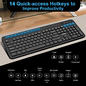 NPET WK20 Wireless Keyboard for Windows, 2.4 GHz Wireless, Full-Size, Number Pad, 14 Multimedia Keys, 2-Year Battery Life, Compatible with PC, Laptop