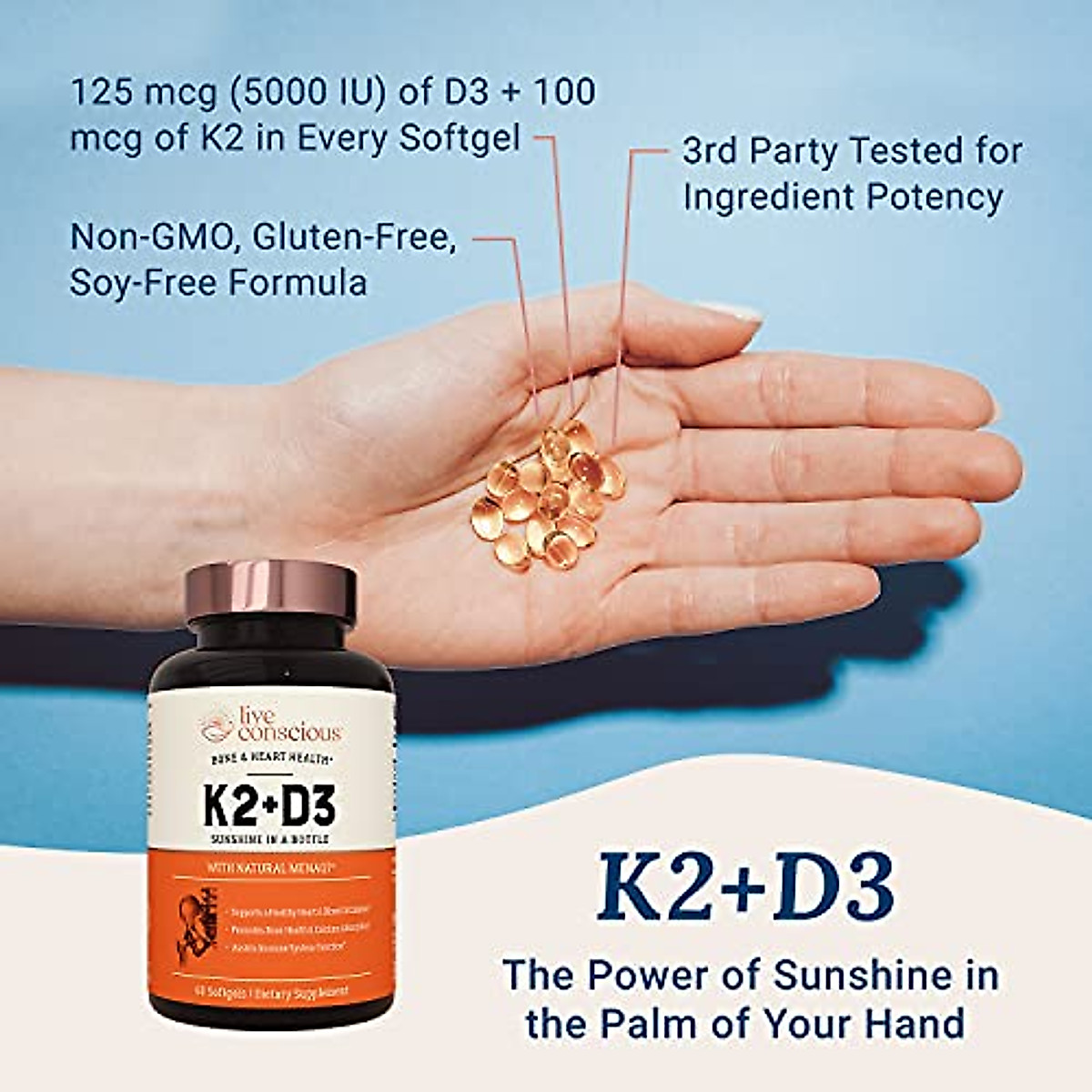 Live Conscious Vitamin K2 MK7 with D3 Supplement by LiveWell | Bone & Heart Health Support - Patented Vitamin K & Vitamin D3 5000 IU - 120 Softgels (2-Pack)