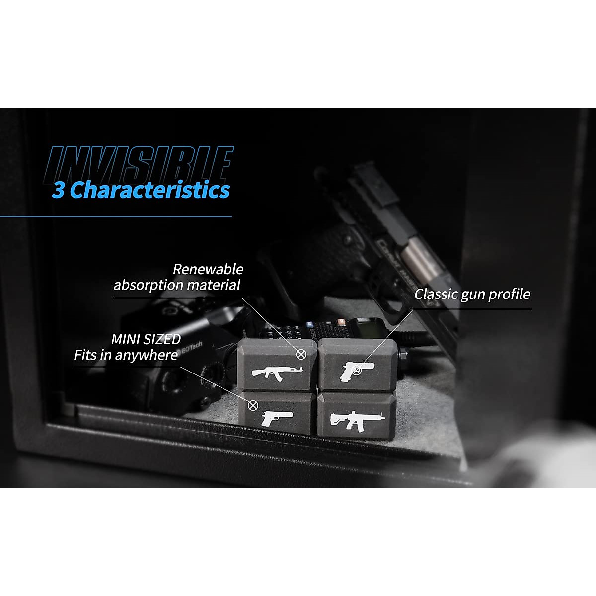 SILENT DRY Renewable Small Safe Dehumidifier Block, Rechargeable Portable Moisture Absorbers for Gun Accessories/Closet/Cabinet/Camerant/Gym Bag, up to 5L, 4 Pieces, Invisible