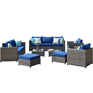 ovios Patio Furniture Set, 12 PCS Big Size Outdoor Furniture Set All Weather Rattan Wicker Sofa Sectional Set with Glass Table, Garden, Backyard, No Assembly Required (Navy Blue-Grey)