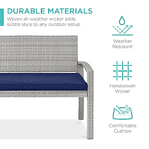 Best Choice Products Outdoor Bench 2-Person Wicker Garden Patio Benches Seating Furniture for Backyard, Porch w/Seat Cushion, 700lb Capacity - Gray/Navy