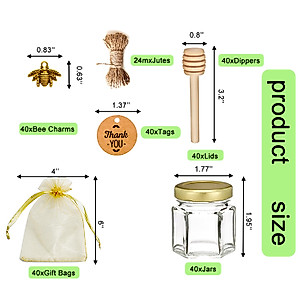 Adabocute 40 Pack Mini Honey Jars - Honey Pot With Honey Dipper, Bee Pendants, Jutes, Tags and Gift Bags - Perfect For Baby Shower Favors and Wedding Favors