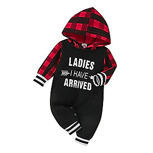 Tikoubabe Baby Boy Clothes Fall Winter Outfits Infant Long Sleeve Hoddie Romper Ladies I Have Arrived Printed 0-3 Months 70CM Red Plaid