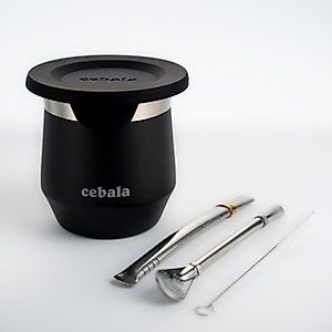 Cebala Yerba Mate Natural Gourd/Tea Cup Set (Original Mate Cup) PREMIUM QUALITY | Includes 2 Bombillas (Yerba Mate Straws to Use) & Silicon Cup & Cleaning Brush | Stainless Steel (Black)