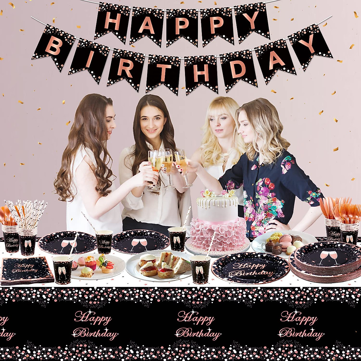 XJLANTTE 167 PCS Black and Rose Gold Party Supplies - Rose Gold Birthday Banner, Plates, Napkins, Cups and Tablecloth for Wedding Bridal Shower Party Decorations, Serves 20 Guests