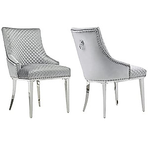 Anewsun Modern Dining Chairs, Light Grey Velvet Upholstered Dining Room Chair with Silver Mirrored Stainless Steel Legs, Set of 2