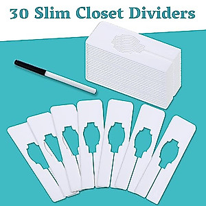 30 Closet Dividers for Hanging Clothes- Rectangle Clothing Size Dividers for Racks, Slim White Closet Divider Set with Marker (30 SLIM)