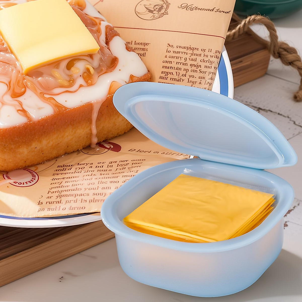 Silicone Cheese Container for Refrigerator, Blue Sliced Cheese Container Holder Cheese Storage Keeper for fridge, Snack Food Storage Container Box, 7oz Bowl with Lid Stackable Dishwash-safe