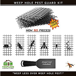 Weepless Weep Hole Pest Guard Kit- Pre-Cut Galvanized 1/4" Wire Mesh, Pack of 40, Keep Wasp, Mice, Lizards, Roaches, Spiders, Other Pest Out. Insert Tool Included.
