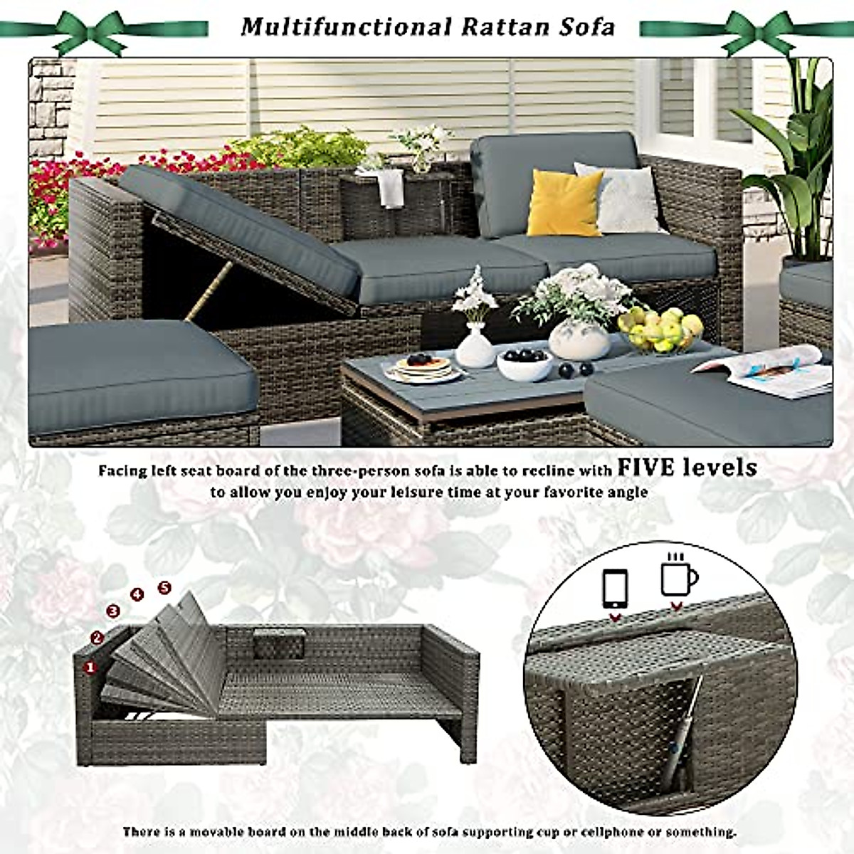 Merax 5-Piece Patio PE Rattan Wicker Sofa with Adustable Backrest,Cushions,Ottomans and Lift Top Coffee Table,Outdoor Furniture Sets,Dark Grey