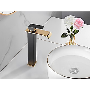 Bathroom Vessel Faucet Black Gold Waterfall One Hole Bowl Sink Faucet Bathroom Faucets Tall Single Handle Bath Vanity Lavatory Deck Mount Supply Lines Hose Commercial