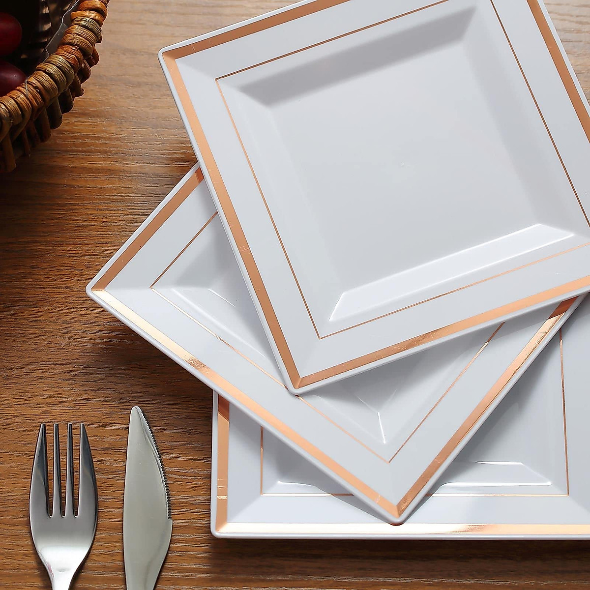 Tableclothsfactory 20 Pack 7" White Disposable Plates Square Plastic Plates Salad Dessert Plates With Shiny Rose Gold Rim For Weddings
