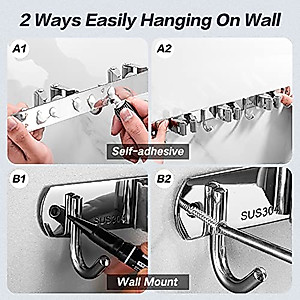 Zikopomi Broom Holder Wall Mount, Stainless Steel Heavy Duty 16 Inch Mop and Broom Holder Self-adhesive Multi Purpose Tool Organizer for Kitchen Pantry Laundry Room Garden Tools Garage Organization