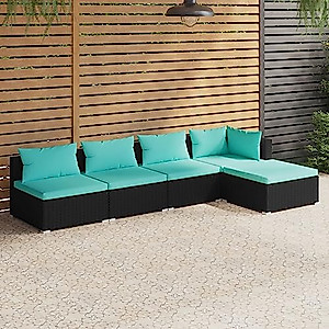 WHOPBXGAD 5 Piece Patio Lounge Set Deck Furniture,Gardens Patio Furniture,Designed for use on lawns, terraces, poolsides, patios and Gardens,with s Poly Rattan Black