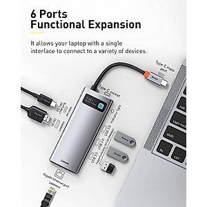 Baseus 6-in-1 USB C Hub, Type C Hub to 4K/30Hz HDMI Adapter with 100W Power Delivery