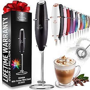 Zulay Kitchen Powerful Milk Frother Wand - Ultra Fast Handheld Drink Mixer - Electric Whisk Foam Maker for Coffee, Lattes, Cappuccino, Frappe, Matcha, Hot Chocolate & Coffee Creamer - Milk Boss Black