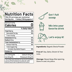 Pure Organic Stevia Powder, 4 Ounces, 706 Serving, Highest Grade Stevia Green Leaf Extract Reb-A, Reduced Bitter Aftertaste, 0 Calorie, Natural Sweetener, Sugar Alternative, Keto Friendly