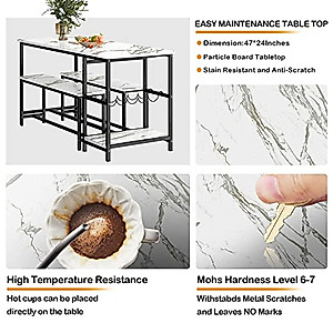 Dining Table Set for 4, 3 Piece Kitchen Table and Chairs Set with 2 Benches, Small Kitchen Table Set with Wine Rack and Glass Holder, Rustic Metal Frame for Breakfast Nook Apartment (White Statuario)