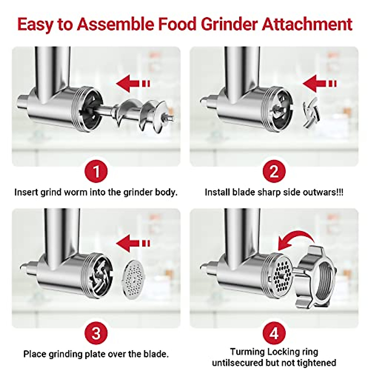 Metal Food Grinder Attachment for KitchenAid Stand Mixers, Kitchen aid Meat Grinder Included 3 Sausage Stuffer Tubes, 4 Grinding Plates, 2 Grinding Blades, Kubbe Meat Processor Accessories