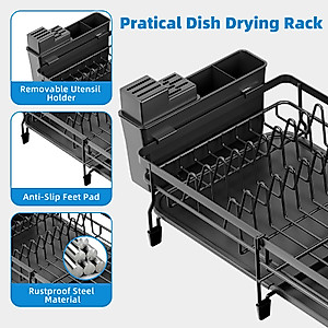 HAYOLPORS Dish Drying Rack - Expandable Dish Rack for Kitchen Counter with Drainboard, Rustproof Large Dish Drainer with Utensil Holder Cup Rack for Kitchen Sink, Black