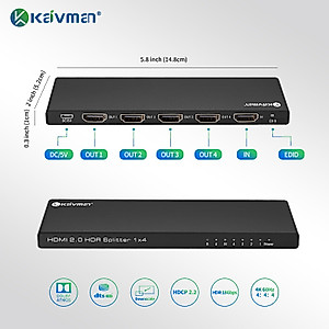 4K HDMI Splitter 1 in 8 Out, KAIVMAN 8 Ports Powered HDMI Splitter 1x8 for Multi Monitors, 4K60Hz 4:4:4 12bit 3D 18Gbps HDMI 2.0 HDCP 2.2 DVI 1.0 Full Supported (1 in 4 Out)