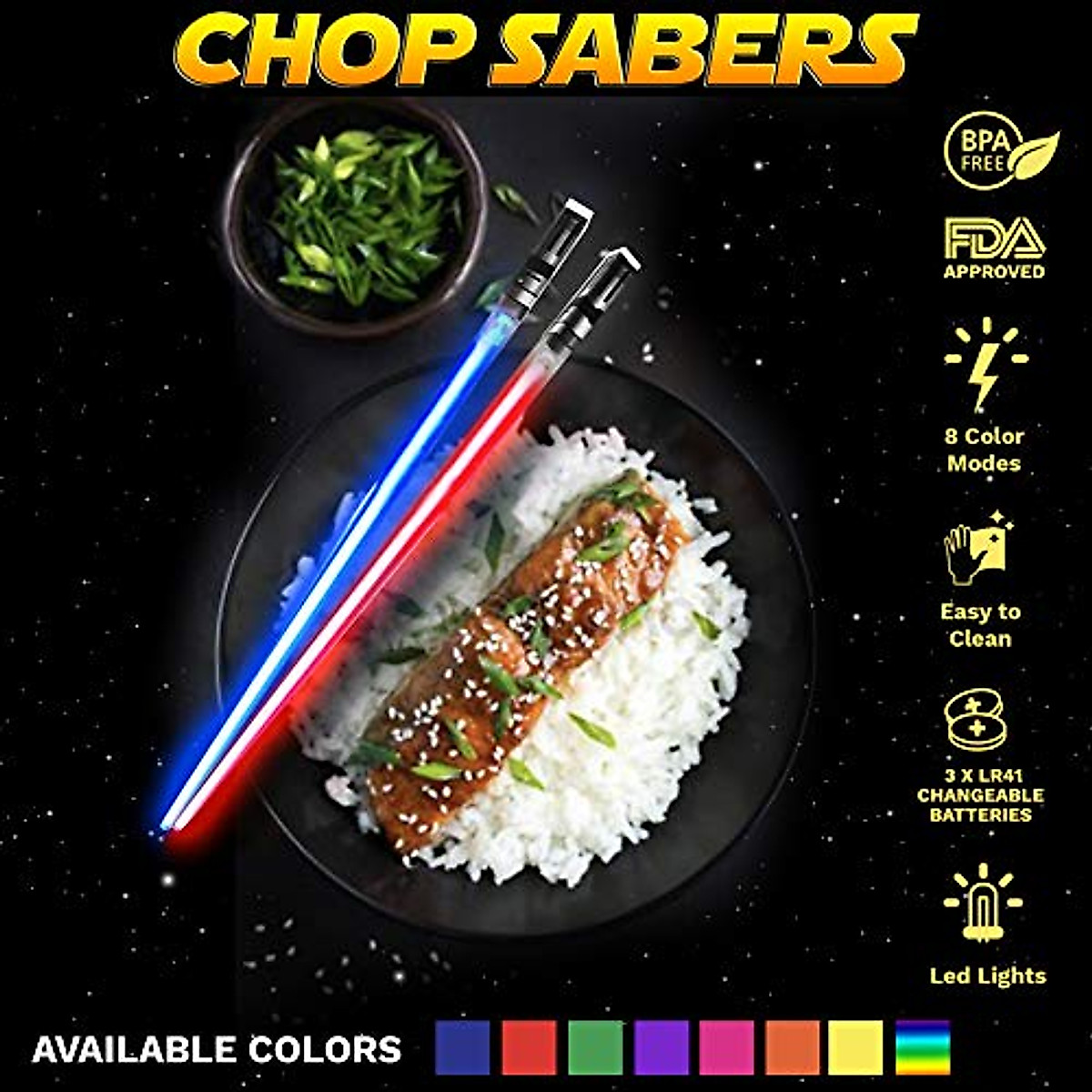 LIGHTSABER CHOPSTICKS LIGHT UP STAR WARS LED Glowing Light Saber Chop Sticks REUSABLE Sushi Lightup Sabers Bright LEDs - 8 Color Modes - 2 Pairs