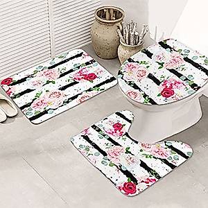 4 Piece Black White Stripes Pink Rose Flower Floral Modern Shower Curtains Sets with Non-Slip Rugs, Toilet Lid Cover and Bath Mat, Bathroom Sets with Shower Curtain and Rugs and Accessories