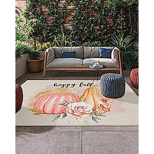 Thanksgiving Fall Outdoor Rug for Patio/Deck/Porch, Non-Slip Area Rug 6x9 Ft, Pink Orange Pumpkin Autumn Botanical Rustic Indoor Outdoor Rugs Washable Area Rugs, Reversible Camping Rug Carpet Runner