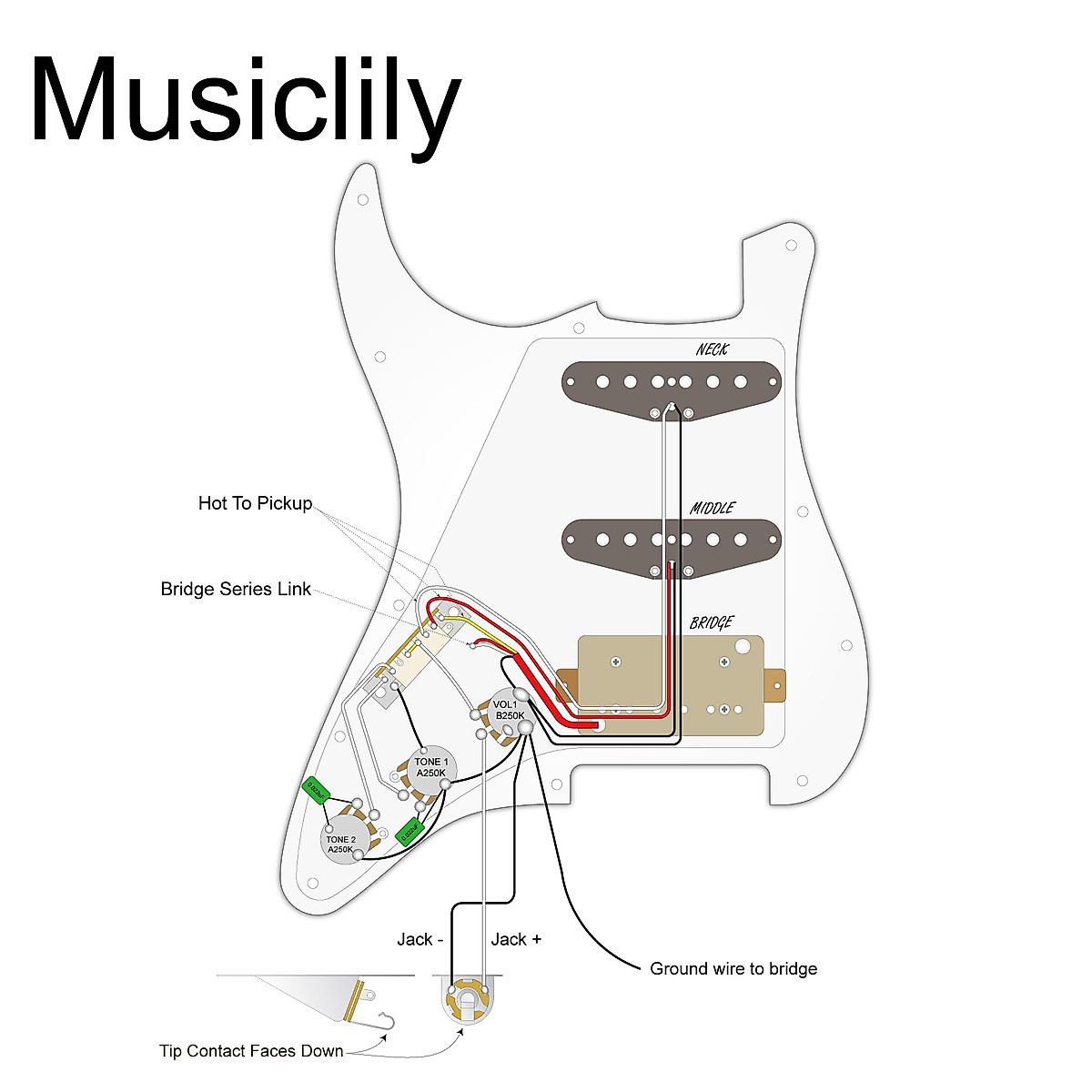 Musiclily Basic 11 Hole HSS Loaded Guitar Strat Pickguard Prewired Pickguard with Alnico 5 Pickup Humbucker for Fender American/Mexican Stratocaster Standard Modern Style Electric Guitar, 3Ply Black