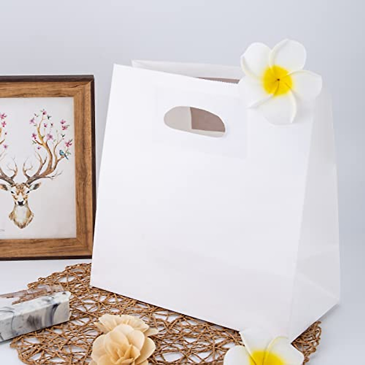 RNORRI White Gift Bags 11 x 6 x 11 Inch - 50Pcs Paper Bags with Die Cut Handles, Shopping Bags For Business, Party Bags For Birthday, White Bags Bulk