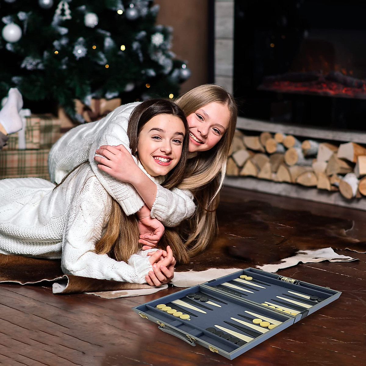 Sun Flair Backgammon Sets for Adults Kids 15 Inch, Folding Classic Board Game with Premium Leatherette Case, Smart Tactics, Best Strategy, Tip Guide Enclosed, Gray and Black 136M-5