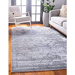 Unique Loom Leila Collection Distressed, Traditional, Vintage, Geometric, Border, High-Low Pile Area Rug (3' 3 x 5' 3 Rectangular, Gray/Ivory)