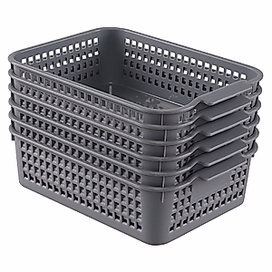Julyeen 6 Pack Large Plastic Storage Rectangle Baskets Bin, Desktop Organizer Tote Basket, Grey