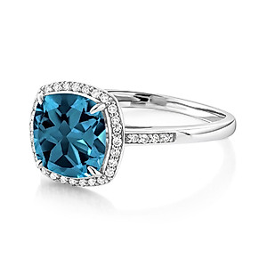 Gem Stone King 10K White Gold Cushion Cut 8MM Gemstone Birthstone and Accent Diamonds Halo Engagement Ring For Women | Wedding Anniversary Promise Ring For Women | Available In Size 5, 6, 7, 8, 9