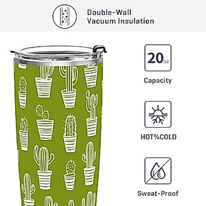 sanluoli Green Cactus Pattern Stainless Steel insulated coffee cup with Straw Lid coffee mug for men for gym leakproof straw tumbler 20 OZ