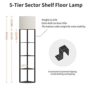 Meisoda 5-Tier 68.5 inch LED Floor Lamp with Wood Shelves and Linen Shade - 3 Color Temperatures, Dimmable, for Living Room, Bedroom, Office