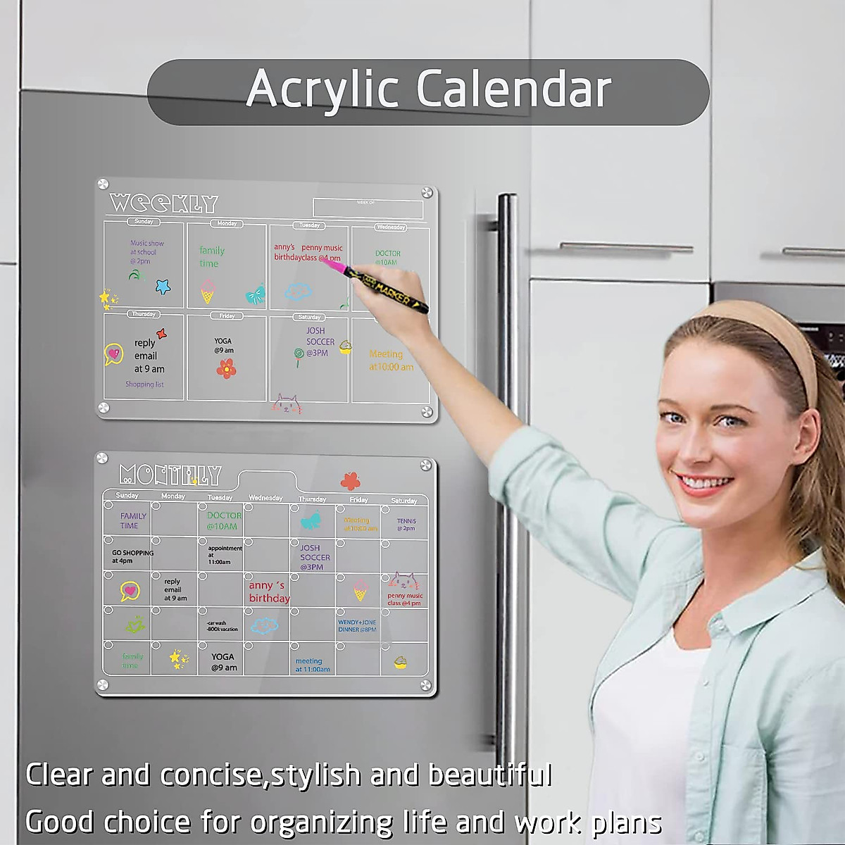Hivillexun 17"x12" Clear Acrylic Magnetic Dry Erase Board with Monthly & Weekly Planner, 6 Markers & Large Eraser for Refrigerator Organization