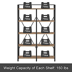 BON AUGURE Bookshelf, Industrial Large Etagere Bookcase for Living Room and Bedroom, Farmhouse 5 Tier Book Shelves for Office, Rustic Wood Metal Shelving Unit (Vintage Oak, 43.31 inch Wide)